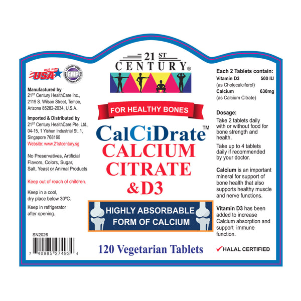 21st Century CalCiDrate Calcium Citrate 600mg + D3 120's